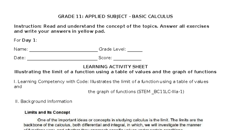 GRADE 11: APPLIED BASIC CALCULUS Learning Activity Sheet - Studocu