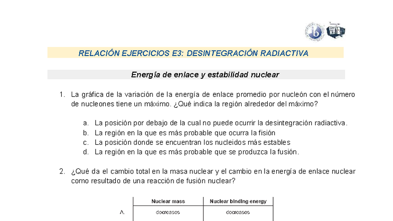 Relación Ejercicios E3: Desintegración Radiactiva y Estabilidad Nuclear ...