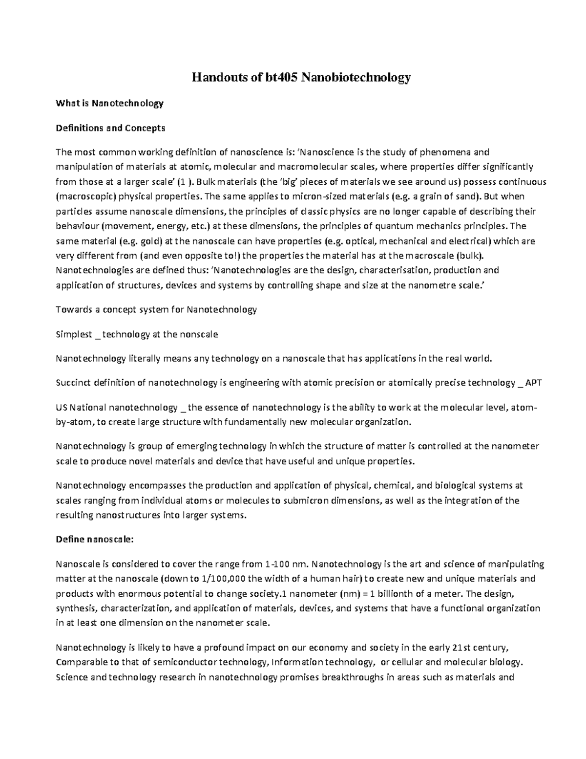 BT405 Handouts: Exploring Nanotechnology Definitions & Concepts - Studocu