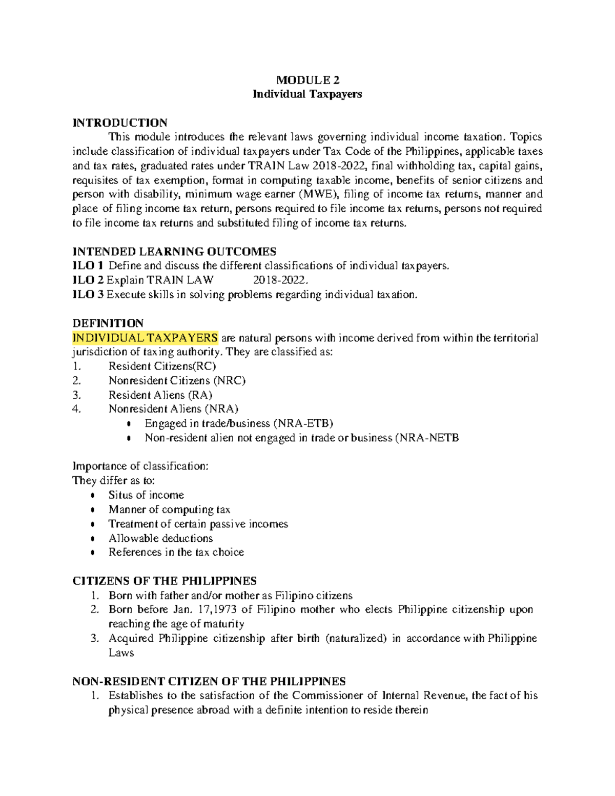 Module 2 Individual taxpayer - MODULE 2 Individual Taxpayers ...