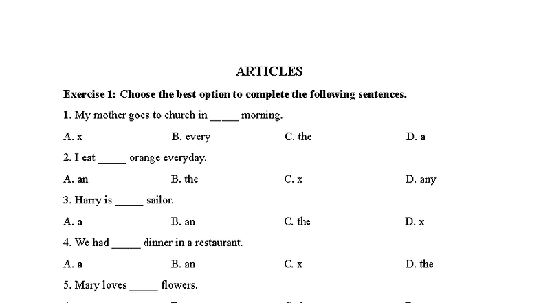 ARTICLES Exercise 1 & 2: Sentence Completion Assignments - Studocu