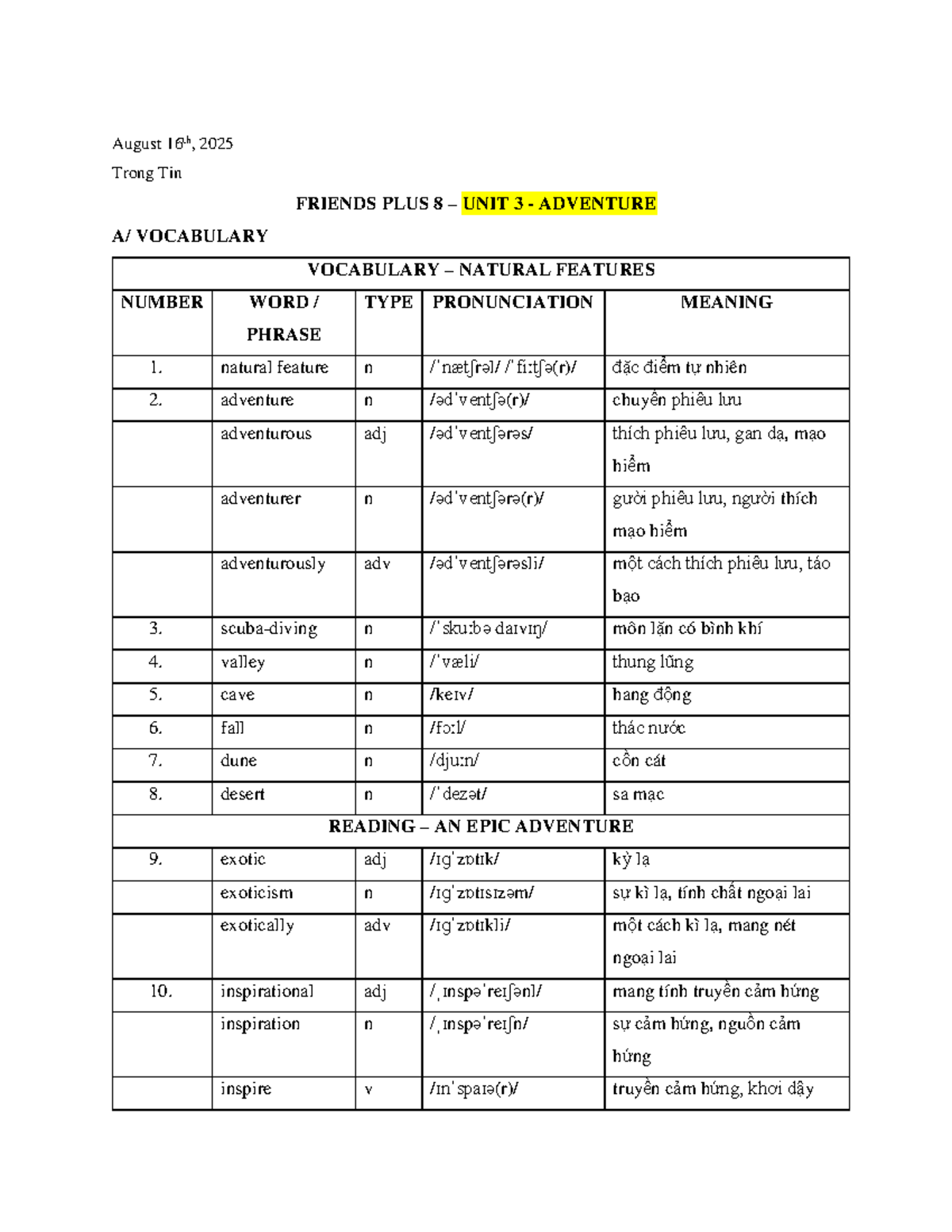 FRIENDS PLUS 8: UNIT 3 ADVENTURE VOCABULARY & LANGUAGE FOCUS - Studocu