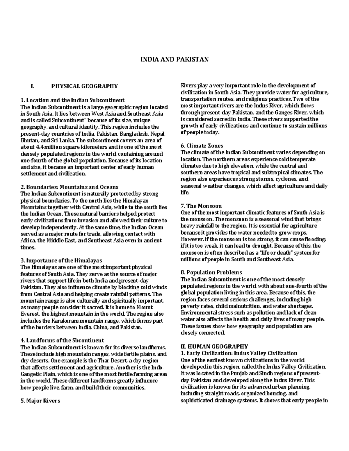 Handout: India-Pakistan Relations and Geography Overview - Studocu