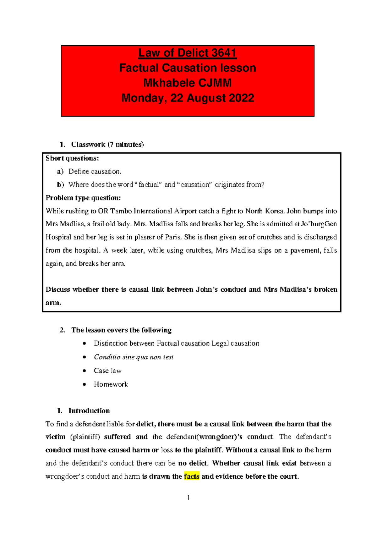 Law of Delict 3641 Factual Causation Lesson Notes & Key Concepts - Studocu