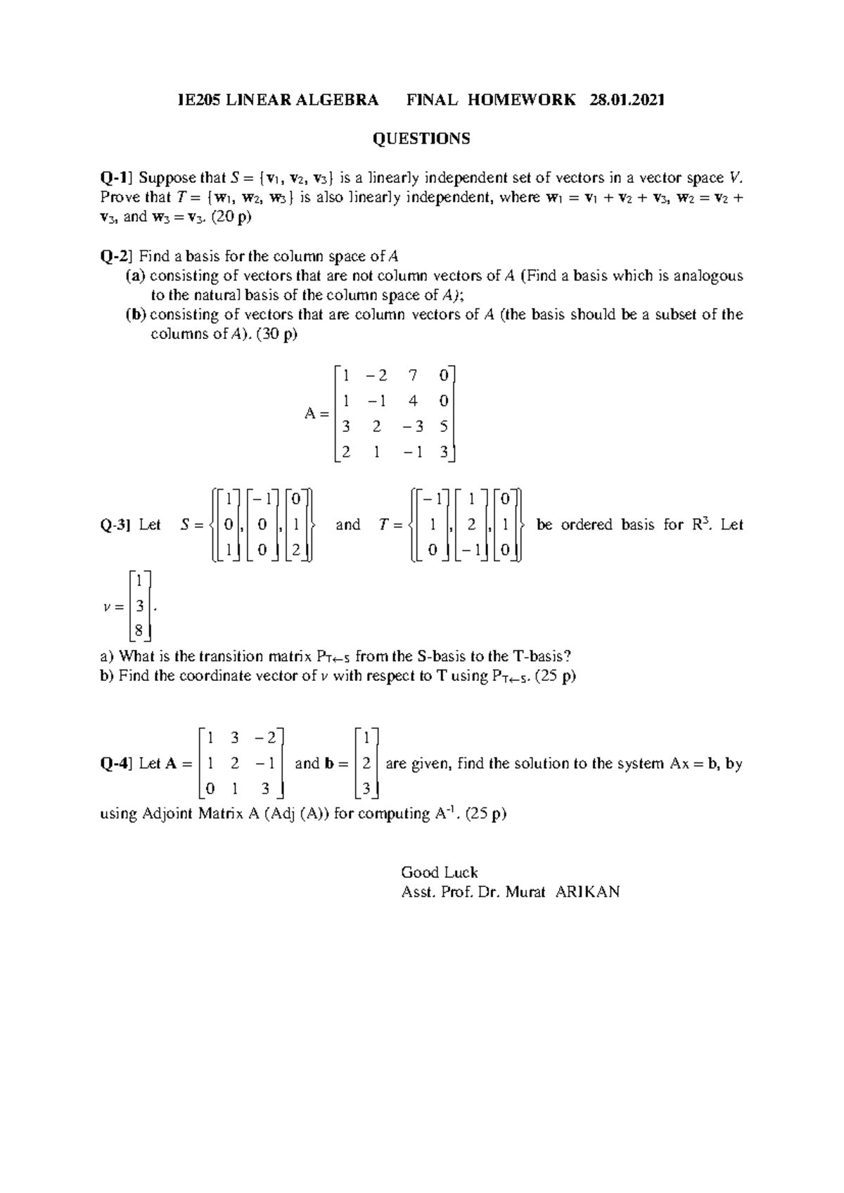 IE205 LINEAR ALGEBRA FINAL EXAM QUESTIONS & SOLUTIONS - Studocu