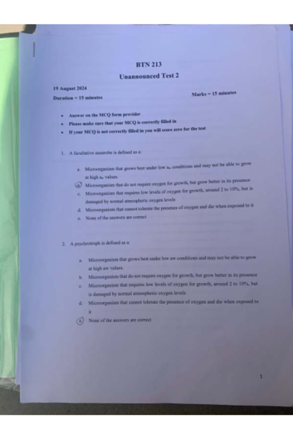 BTN 213 Unannounced Practical Tests on Food Microbiology - Studocu