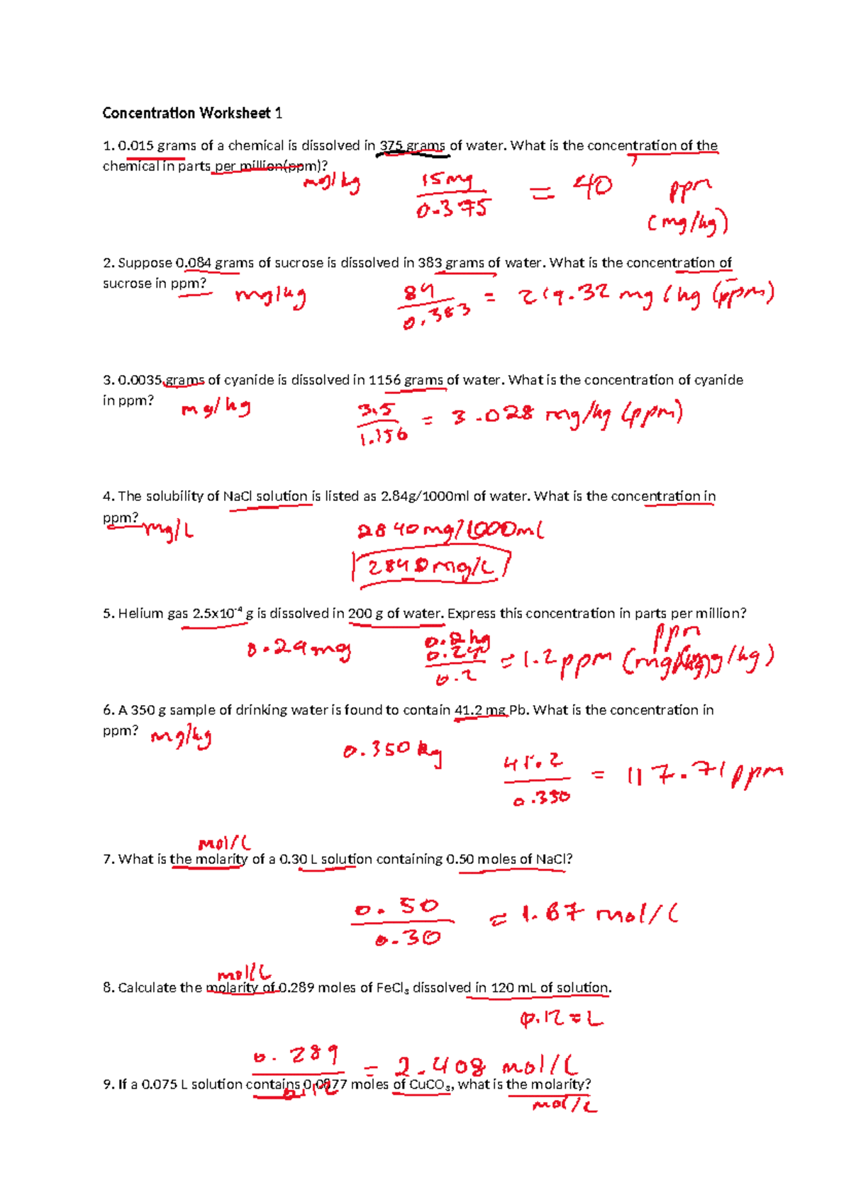 Concentration Worksheet 1: Calculating ppm & Molarity - Studocu