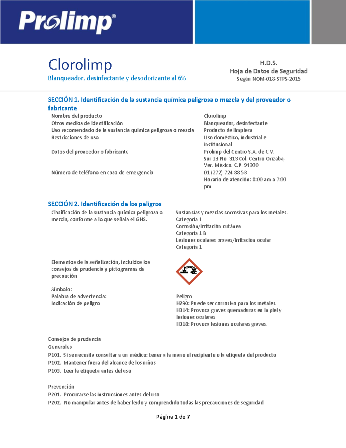 Hoja de Datos de Seguridad (MSDS) para Clorolimp Multiusos - Studocu