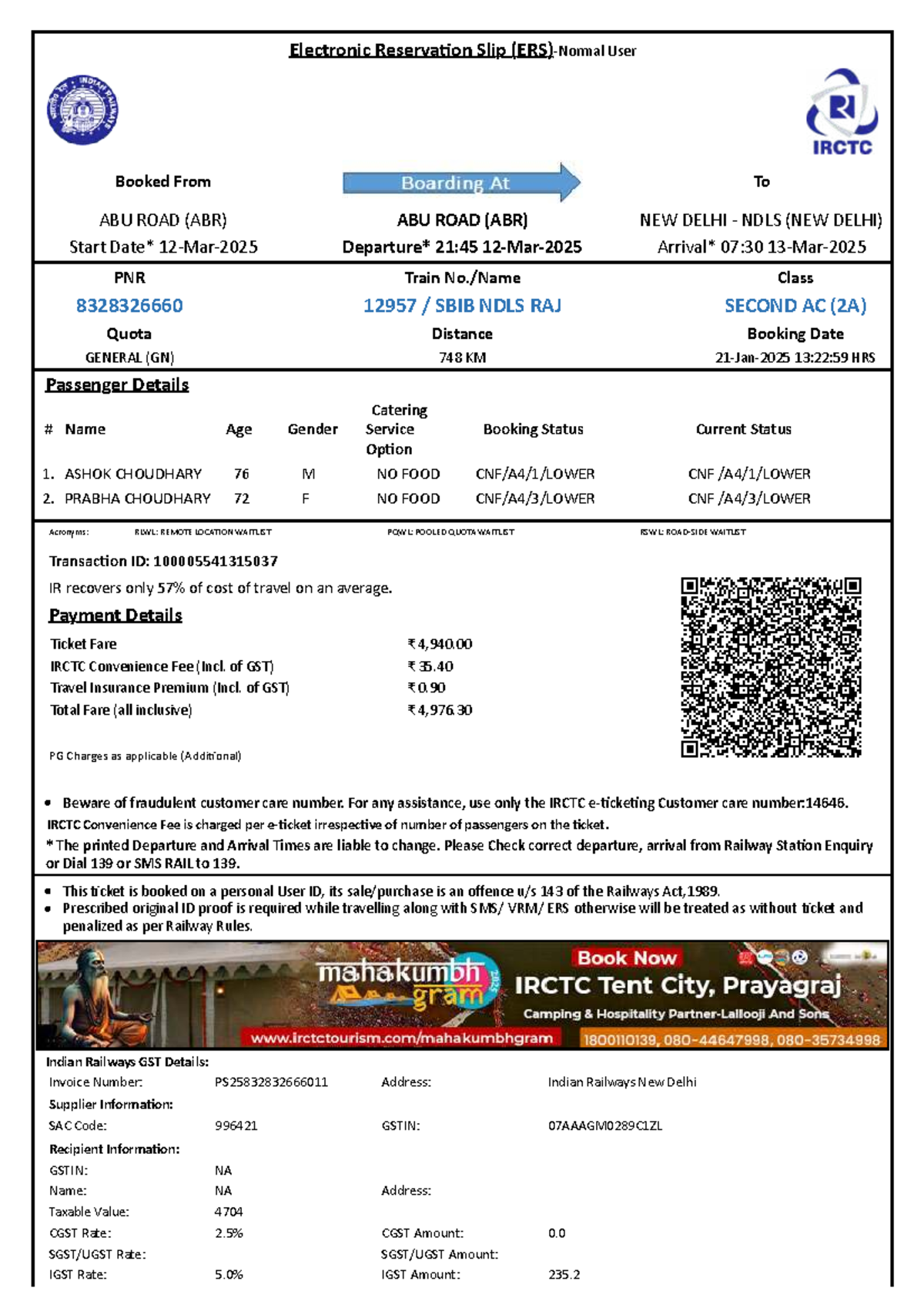 Train Ticket Return - ABR to NDLS (12957) Booking Details - Studocu