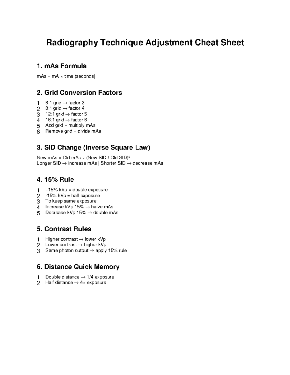 Radiography Technique Adjustment Cheat Sheet (RAD 101) - Studocu