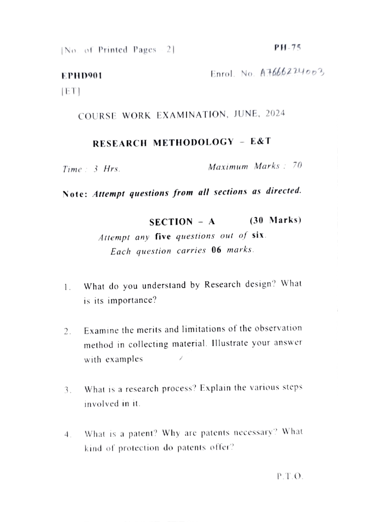 RM- JUNE 2024 - Research Methodology Exam Question Paper - Studocu
