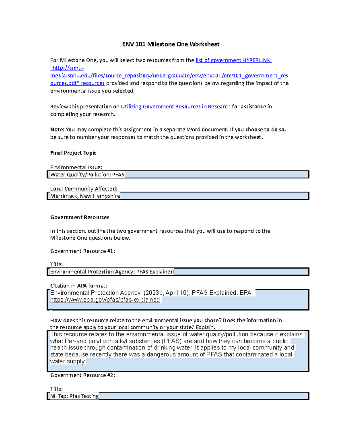 ENV 101 Milestone One: Water Quality & PFAS Impact Analysis - Studocu