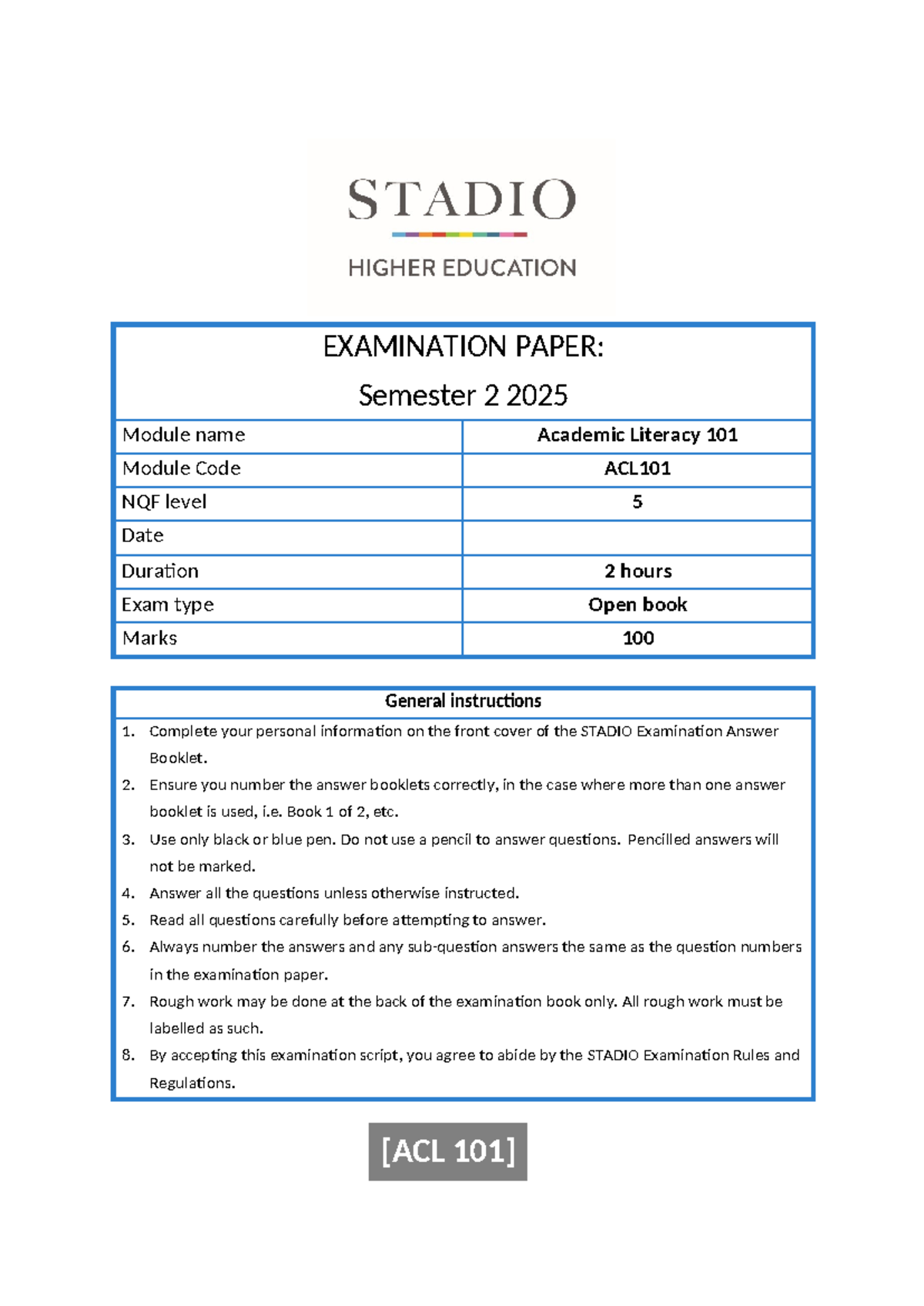 Examination Paper: Academic Literacy 101 (ACL101) - Semester 2 2025 ...