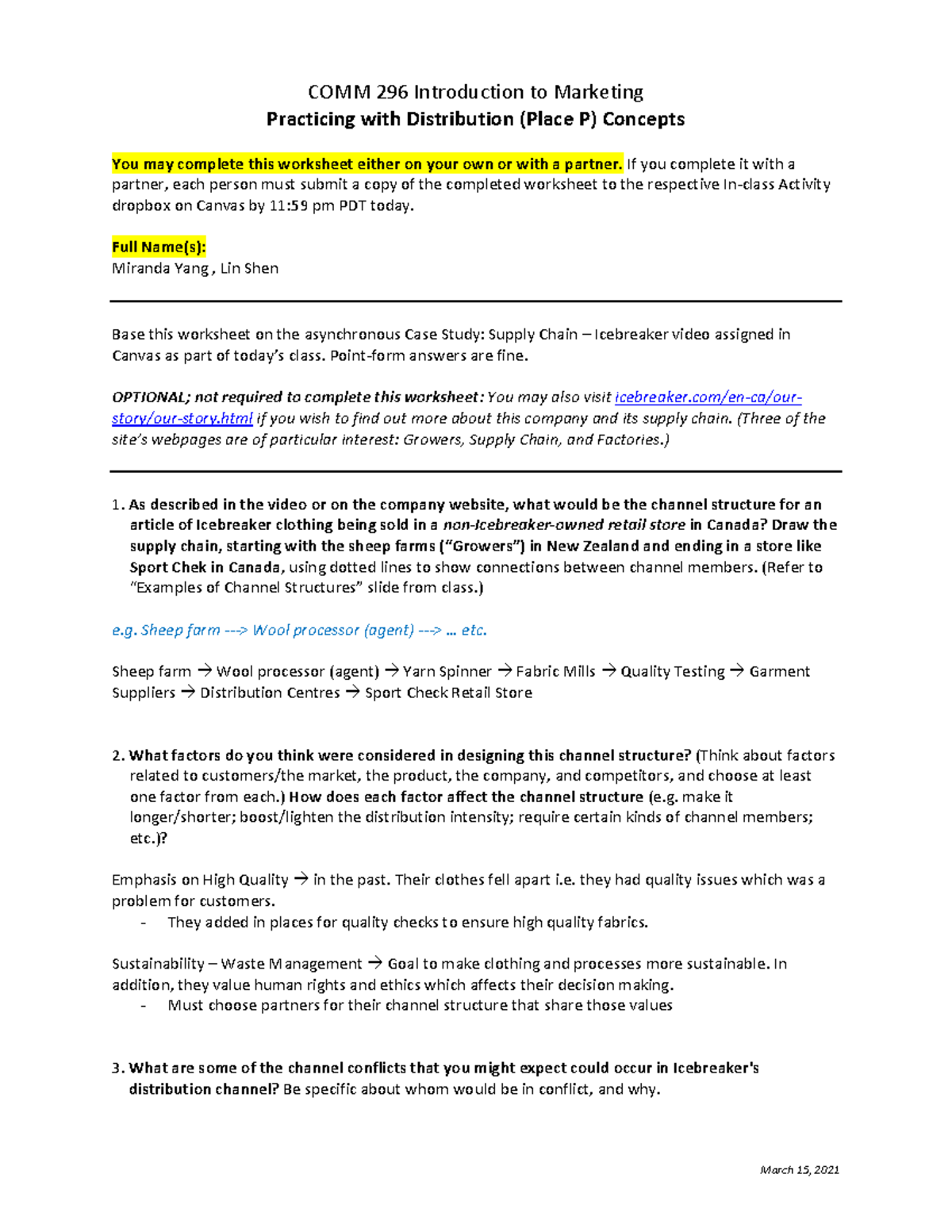 COMM 296 - In-Class Activity: Distribution Channel Worksheet - Studocu