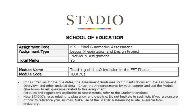 TLOF701 Final Summative Assessment: Life Orientation Lesson Design ...