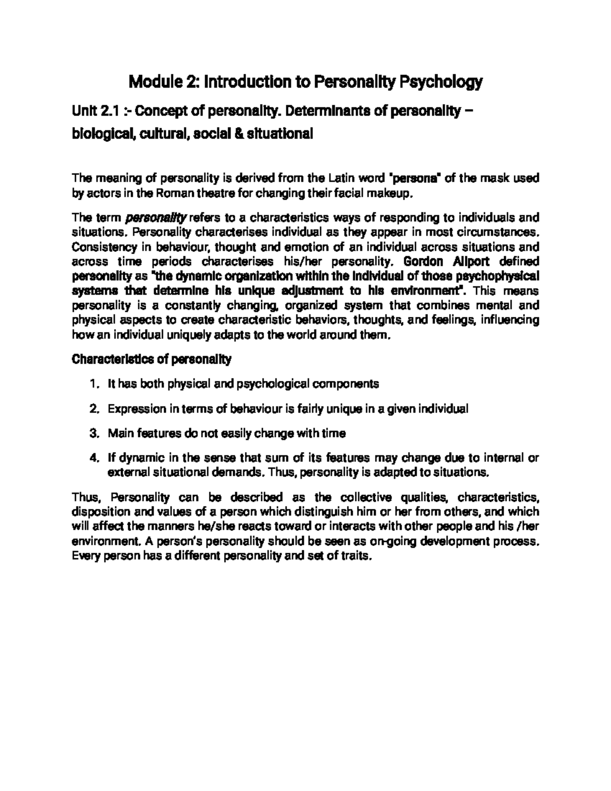 Mod 2: Unit 1 - Foundations of Psychology - Personality & Determinants ...