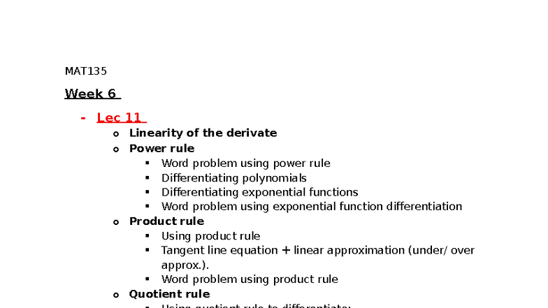 MAT135 Week 6-9 Lecture Notes: Derivatives & Rules Overview - Studocu