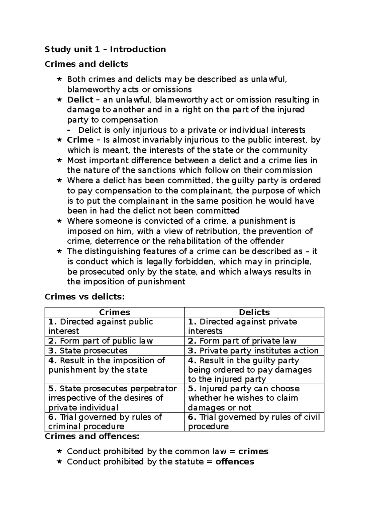 Study Unit 1: Introduction to Crimes and Delicts - Key Concepts and ...