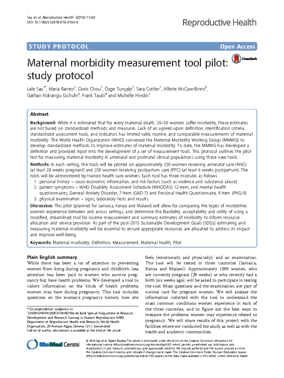Pilot Study Protocol for Maternal Morbidity Measurement Tool (S12978 ...
