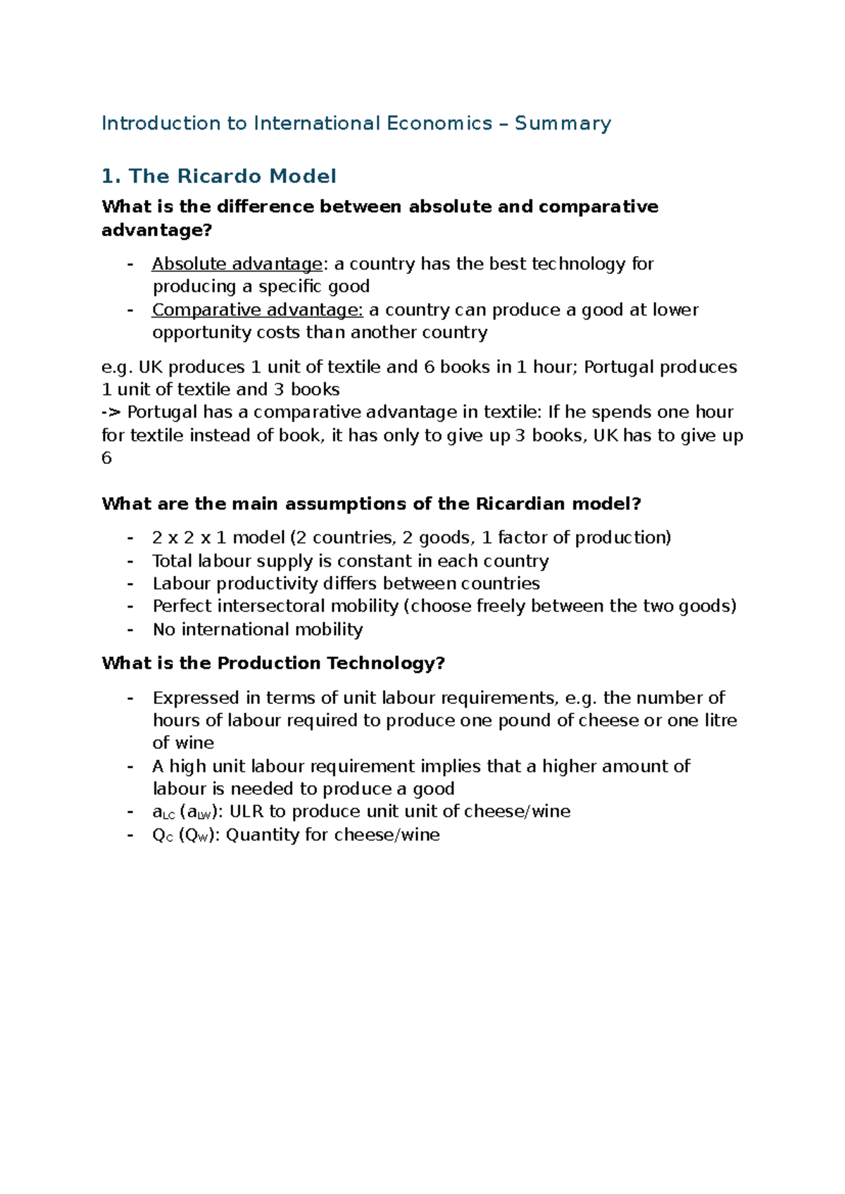 INTL ECON 101: Summary of Ricardo Model & Comparative Advantage - Studocu