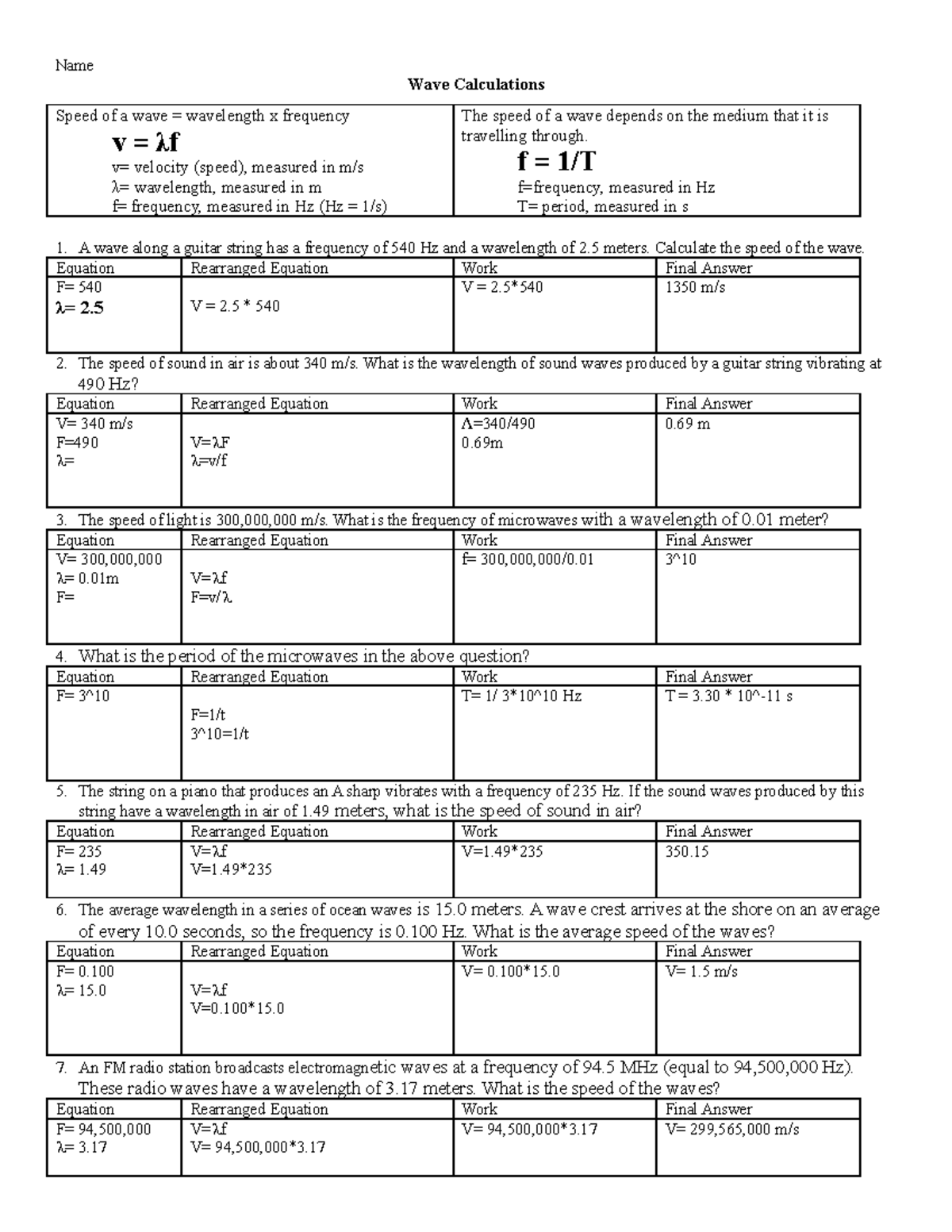 Wave calculations worksheet 12 13 - Name Wave Calculations Speed of a ...
