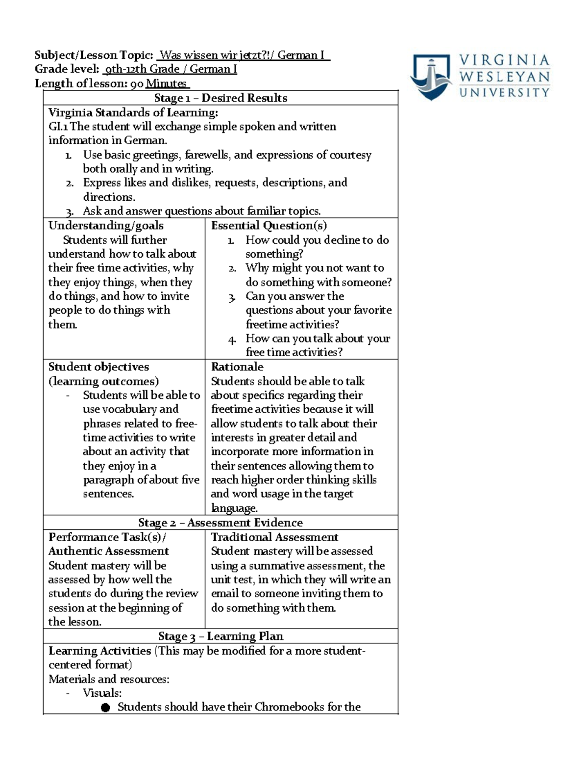 Ger1 Lesson Plan 10 31 2024 - Subject/Lesson Topic: Was wissen wir ...