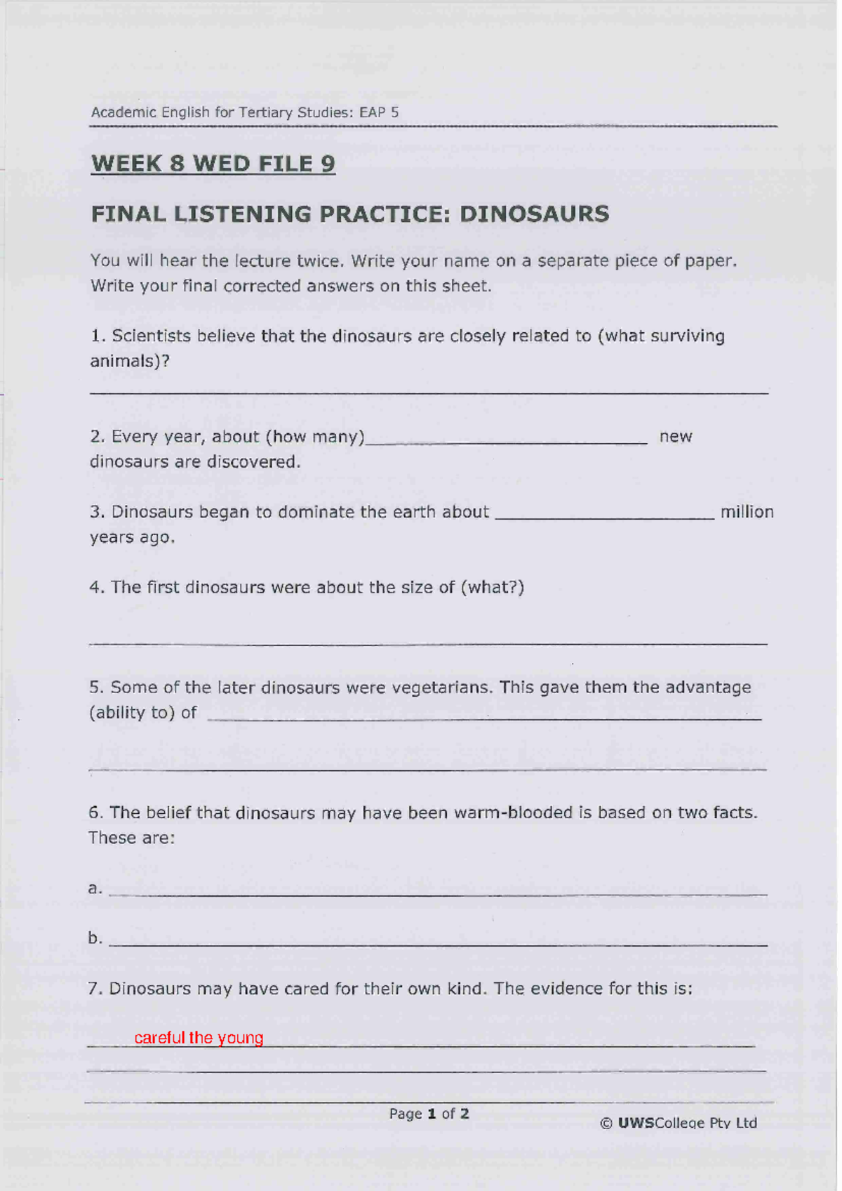 EAP5 Week 8 Wed F9 - Final Listening Practice Dinosurs No Answers ...