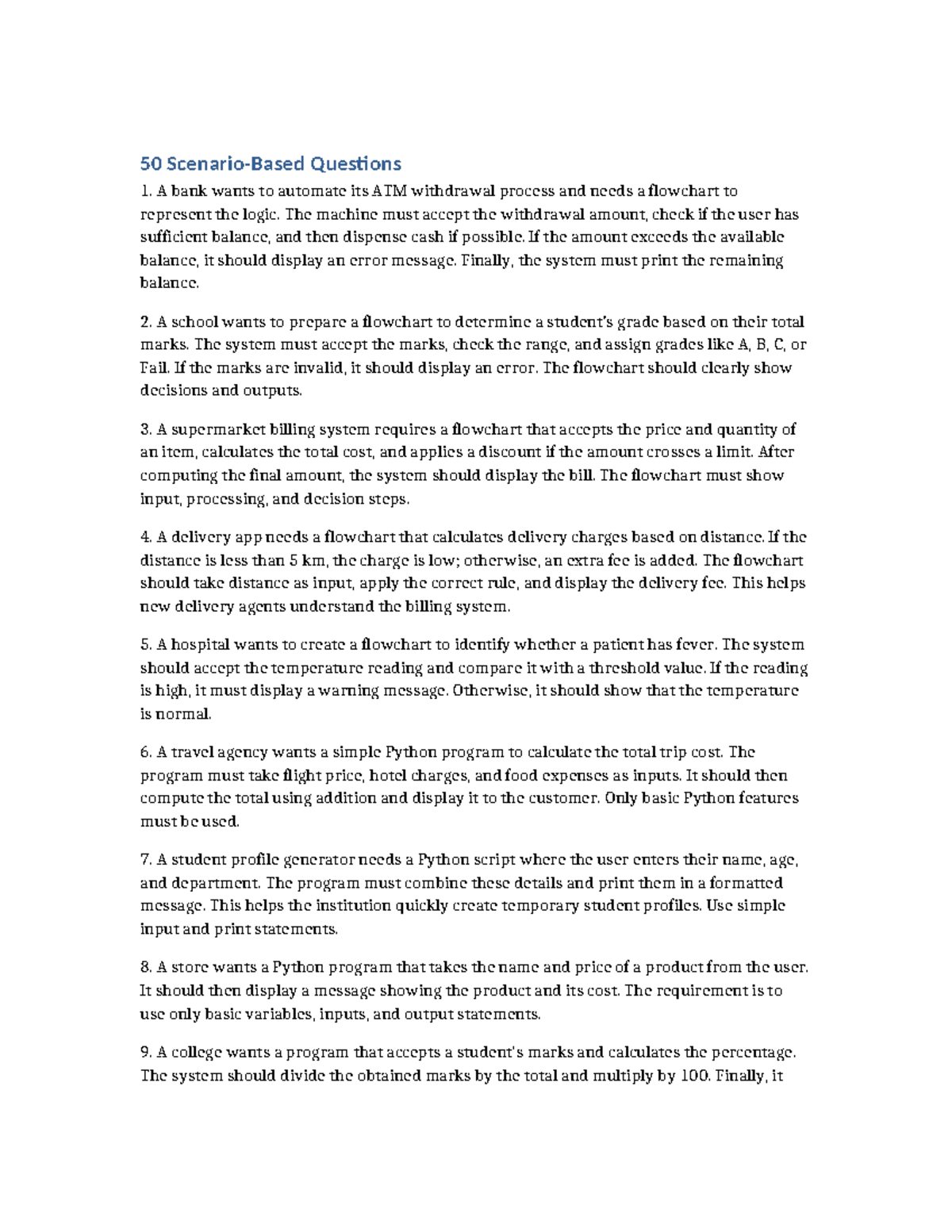 Scenario Questions for Flowcharts and Python Programs - Studocu