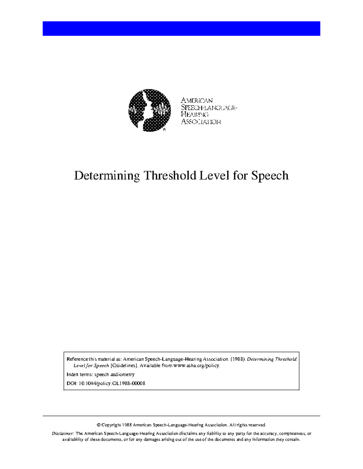 ASHA 1988: Guidelines for Determining Speech Threshold Levels - Studocu