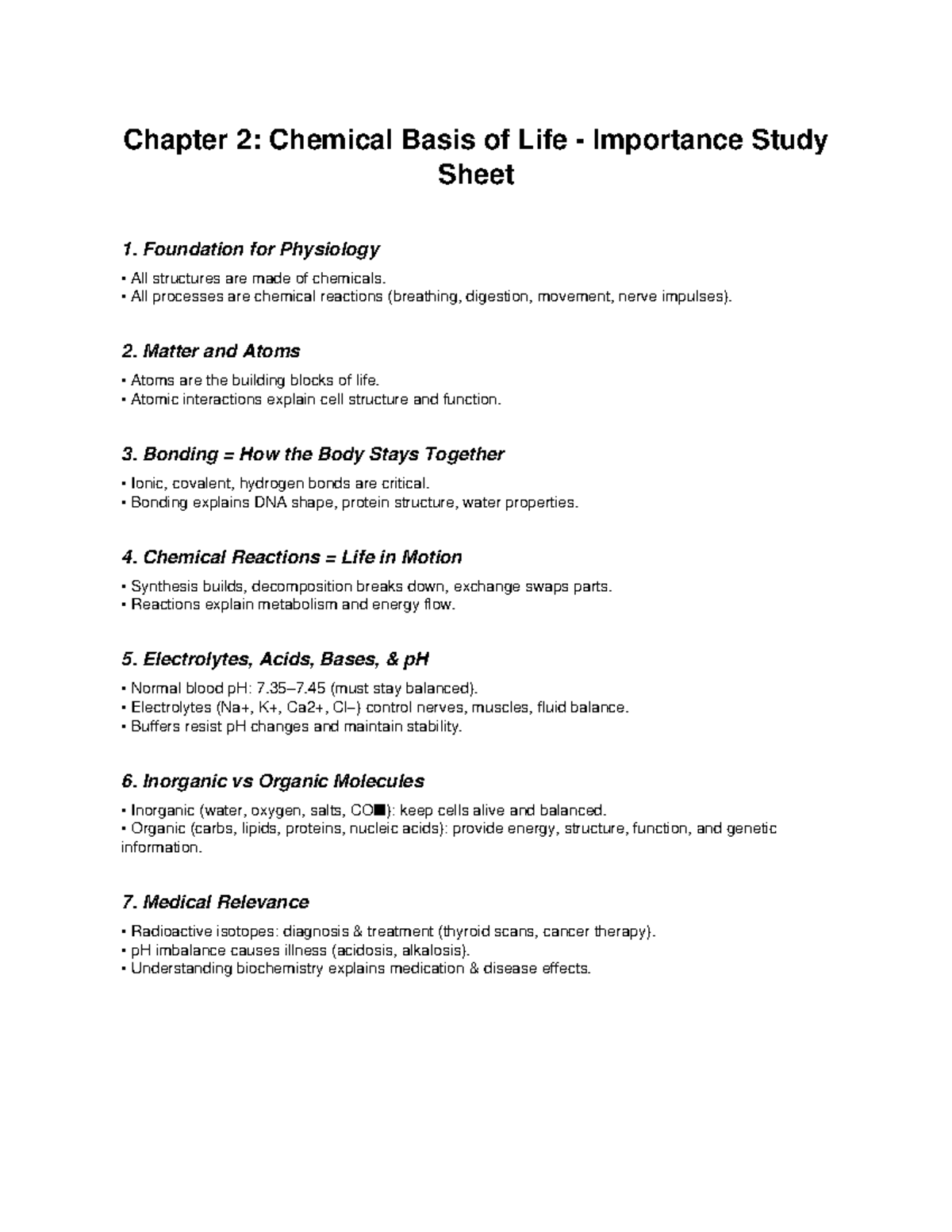 Chapter 2: Chemical Basis of Life - Importance Study Notes - Studocu