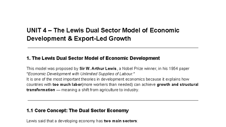 P2 - UNIT 4: The Lewis Dual Sector Model & Economic Growth Insights ...