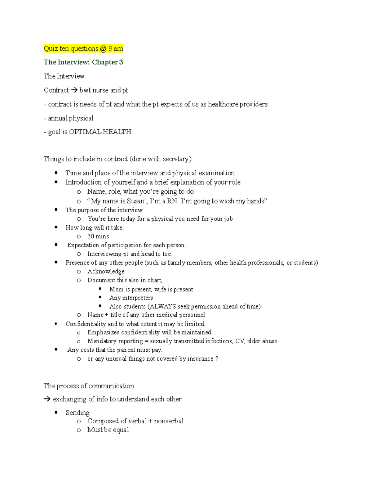 Quiz: Chapter 3 - The Interview Contract in Health Assessment (BWT ...