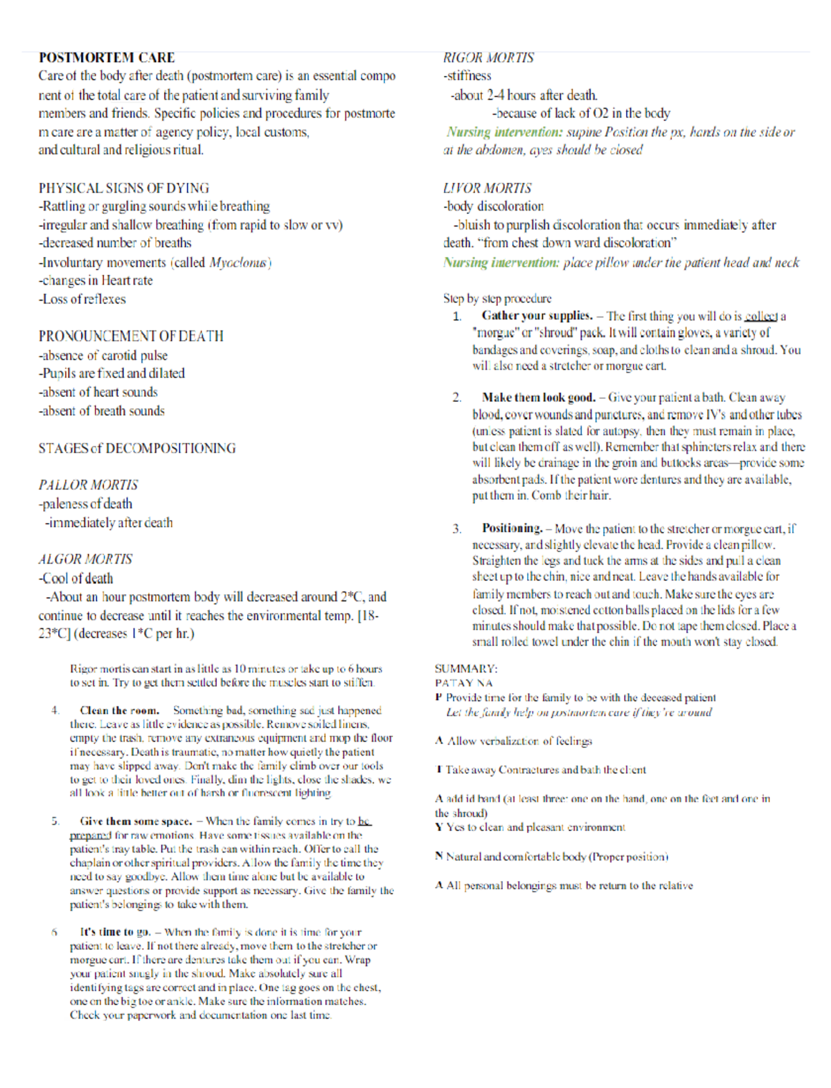Postmortem Care Guide: Rigor Mortis & Family Support Strategies - Studocu