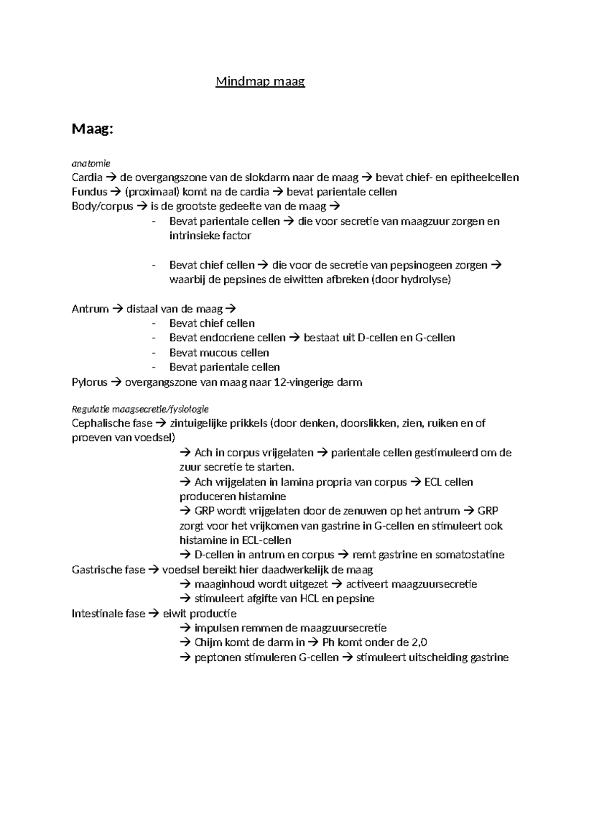 Mindmap Maag: Anatomie en Fysiologie van de Maag (HC 101) - Studeersnel