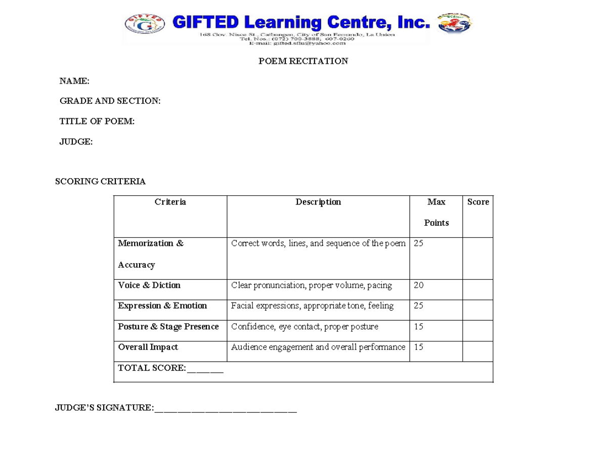 Scoring Criteria - Spelling and Poem - POEM RECITATION NAME: GRADE AND ...