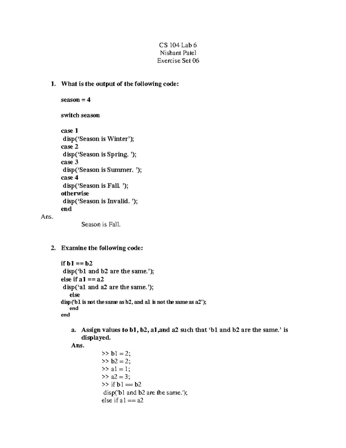 Patel Exercise 06 - CS 104 Homework Lab 6 - CS 104 Lab 6 Nishant Patel ...