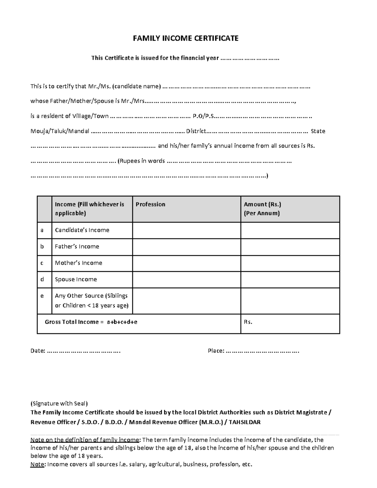 Family Income Certificate Template for Financial Year - Studocu
