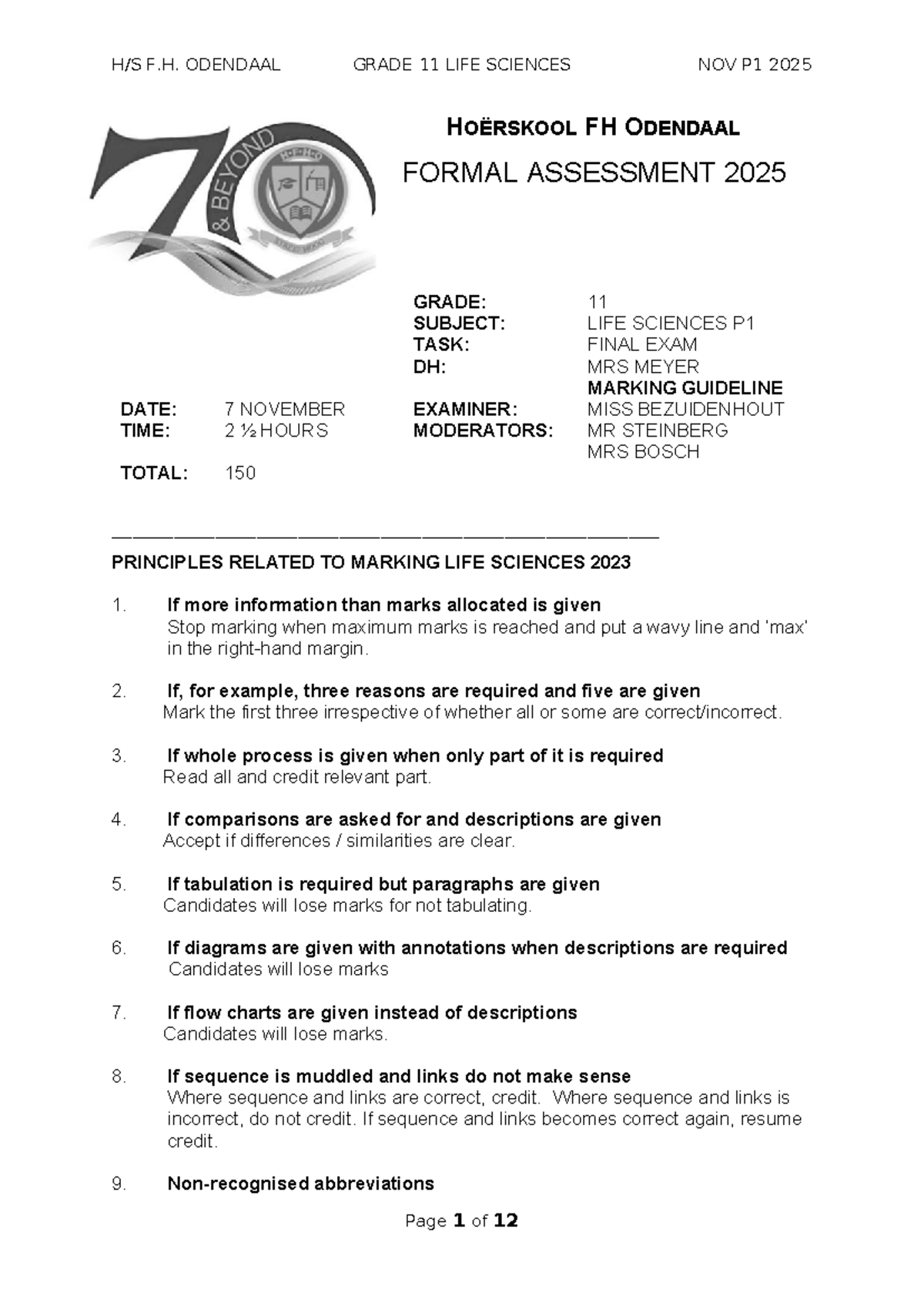F.H. ODENDAAL GRADE 11 LIFE SCIENCES NOV P1 2025 FINAL EXAM MARKING ...