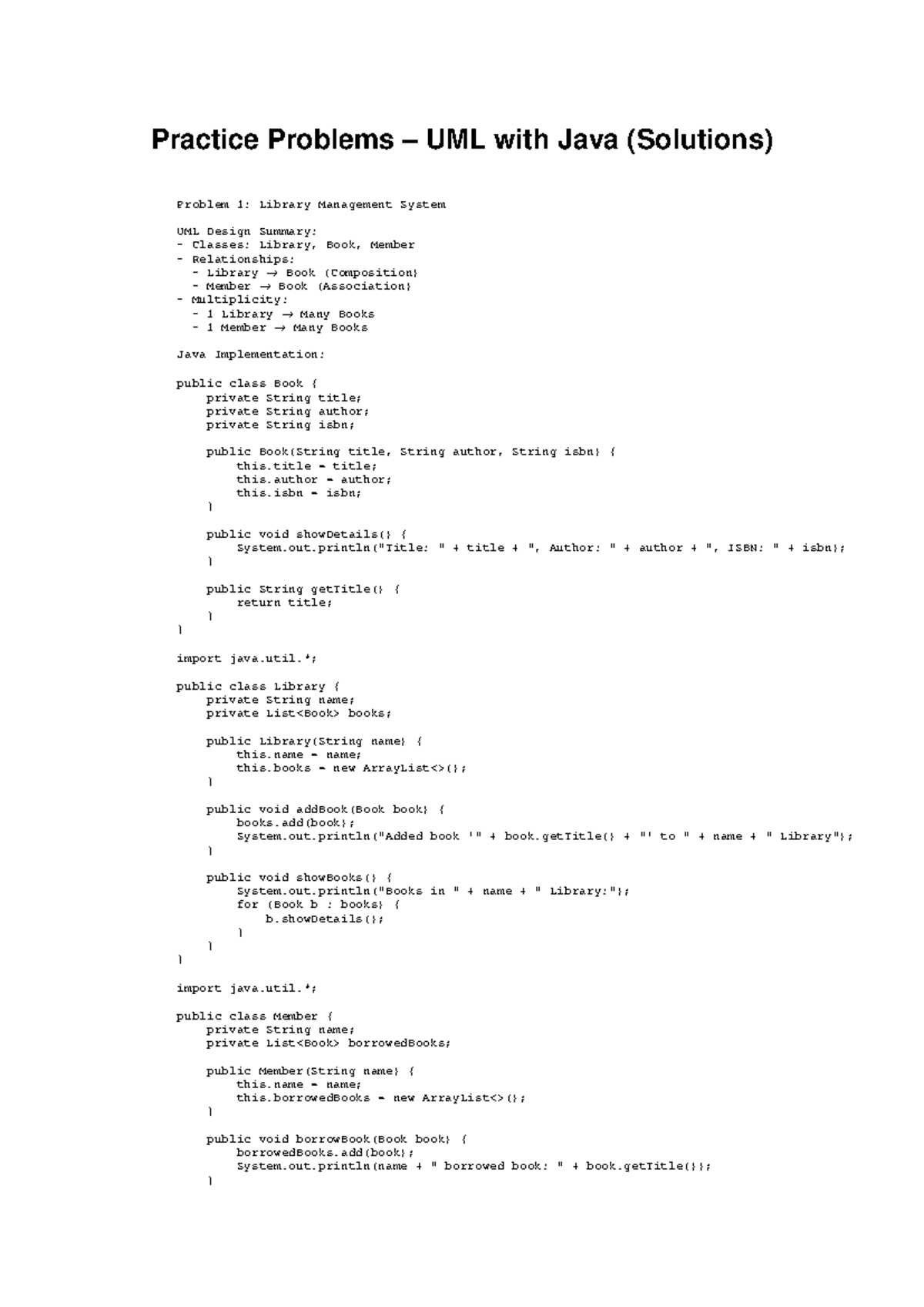 UML Practice Problems with Java Solutions (Week 1) - Studocu