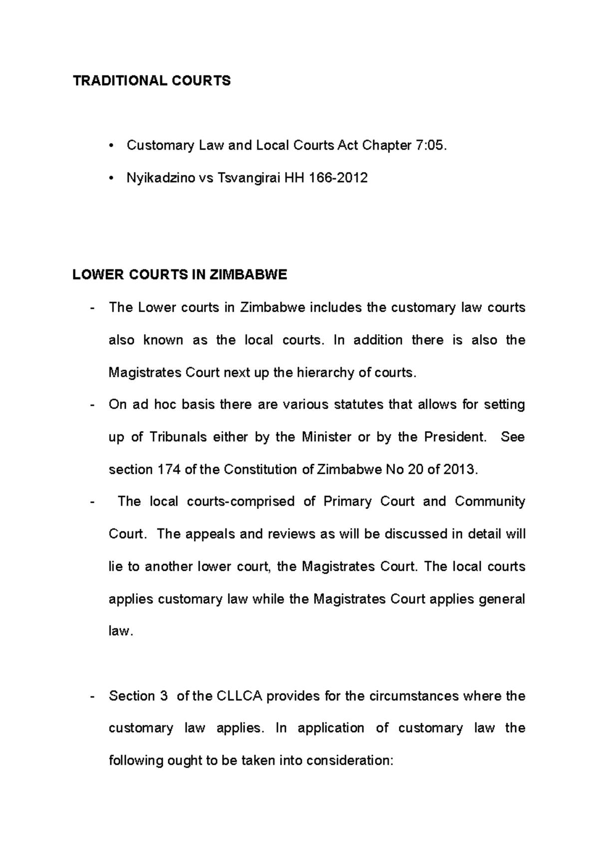 Customary Law Lecture 7: Traditional Courts in Zimbabwe - Studocu
