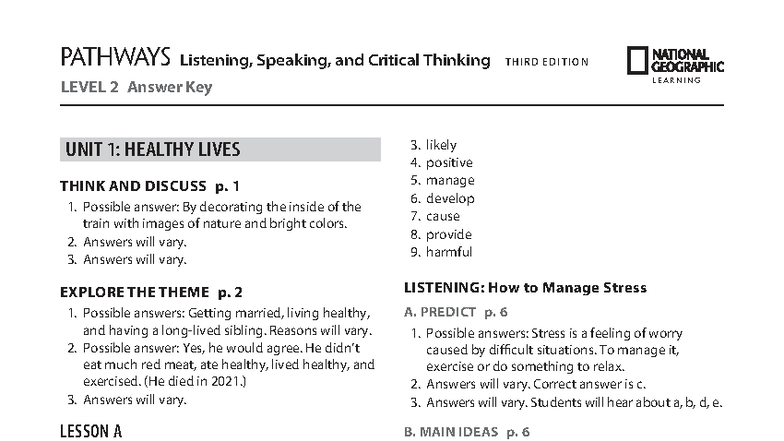 Pathways Listening, Speaking, and Critical Thinking 3E L2 Answer Key ...