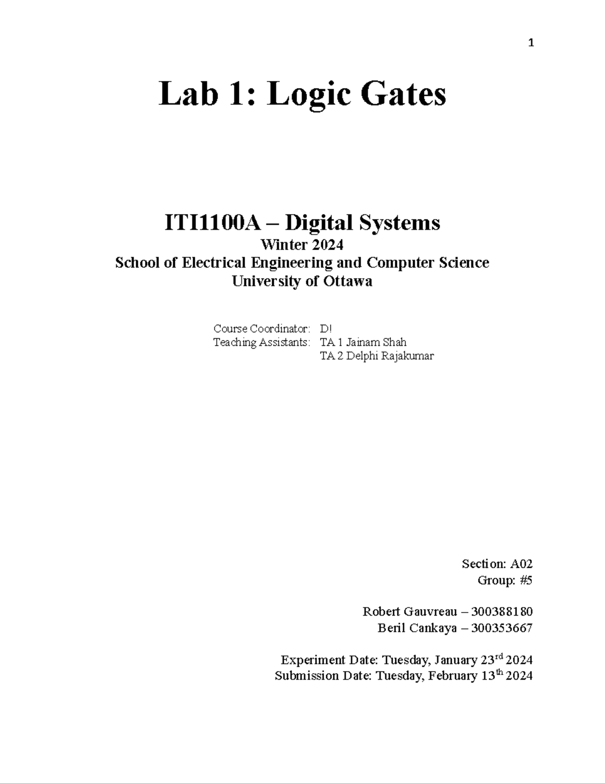 Lab Report 1: Logic Gates in ITI1100A Digital Systems - Studocu