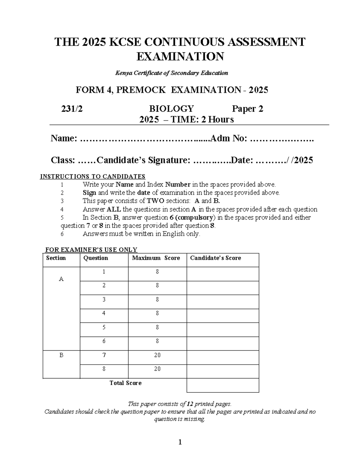 2025 KCSE Biology Form 4 Premock Exam Paper 2 - Studocu