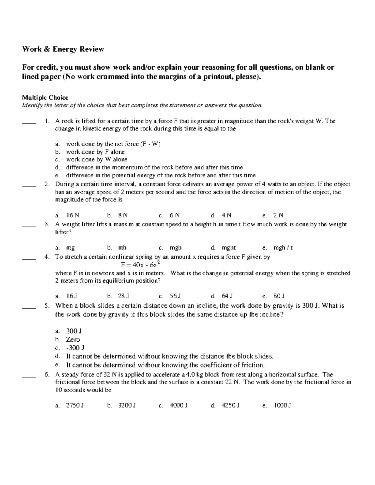 Work Energy MC Review-1 - Work & Energy Review For credit, you must ...