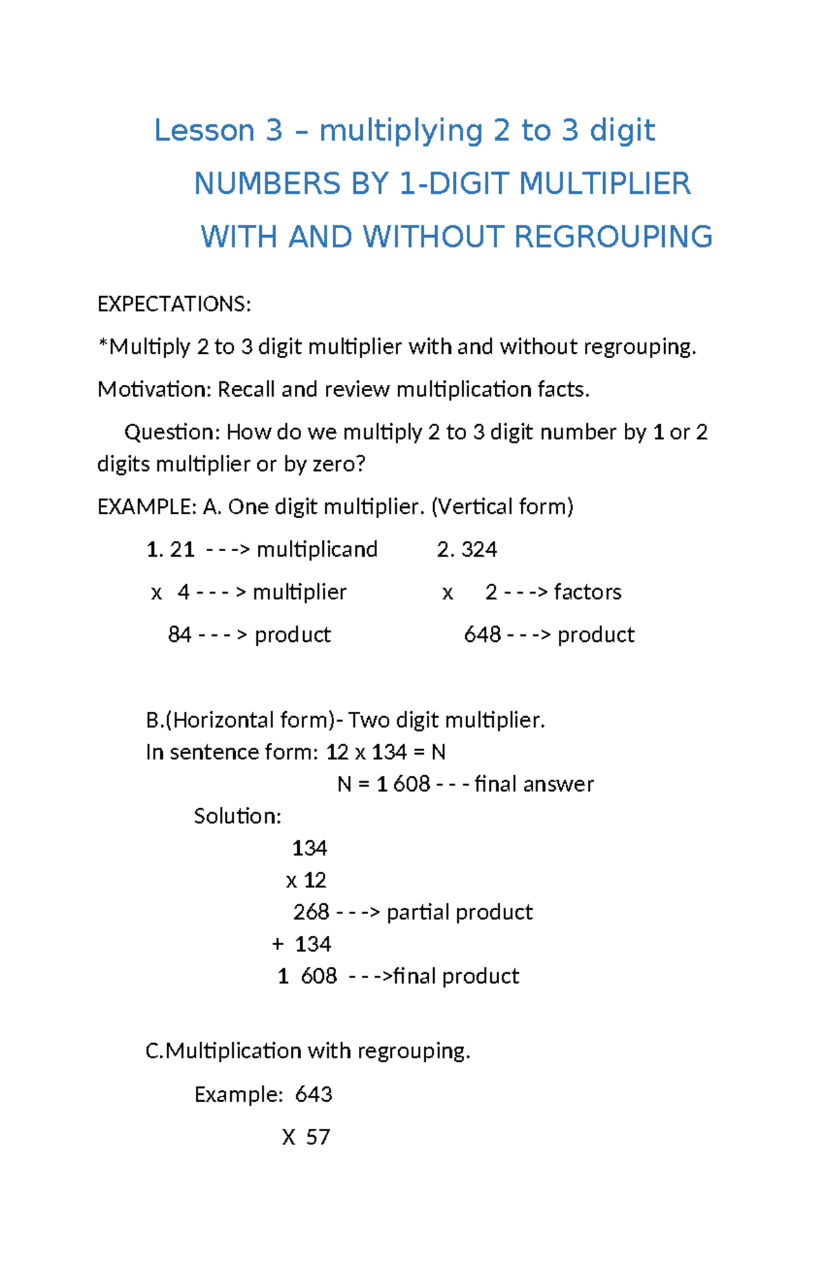 Lesson 3: Multiplying 2-3 Digit Numbers by 1-Digit Multiplier - Studocu