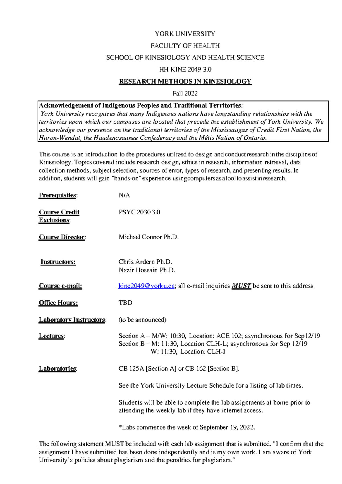 KINE 2049 Course Outline - YORK UNIVERSITY FACULTY OF HEALTH SCHOOL OF KINESIOLOGY AND HEALTH ...