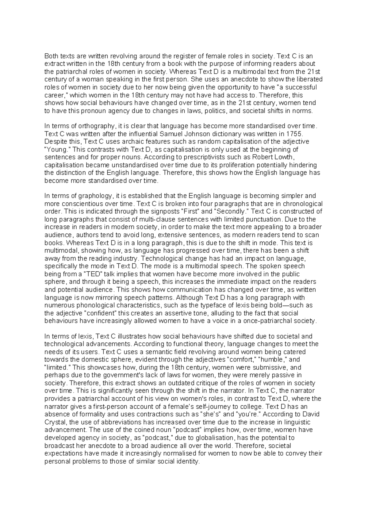 Analysis of Female Roles in Society: Text C vs. Text D (ENG LANG-3 ...