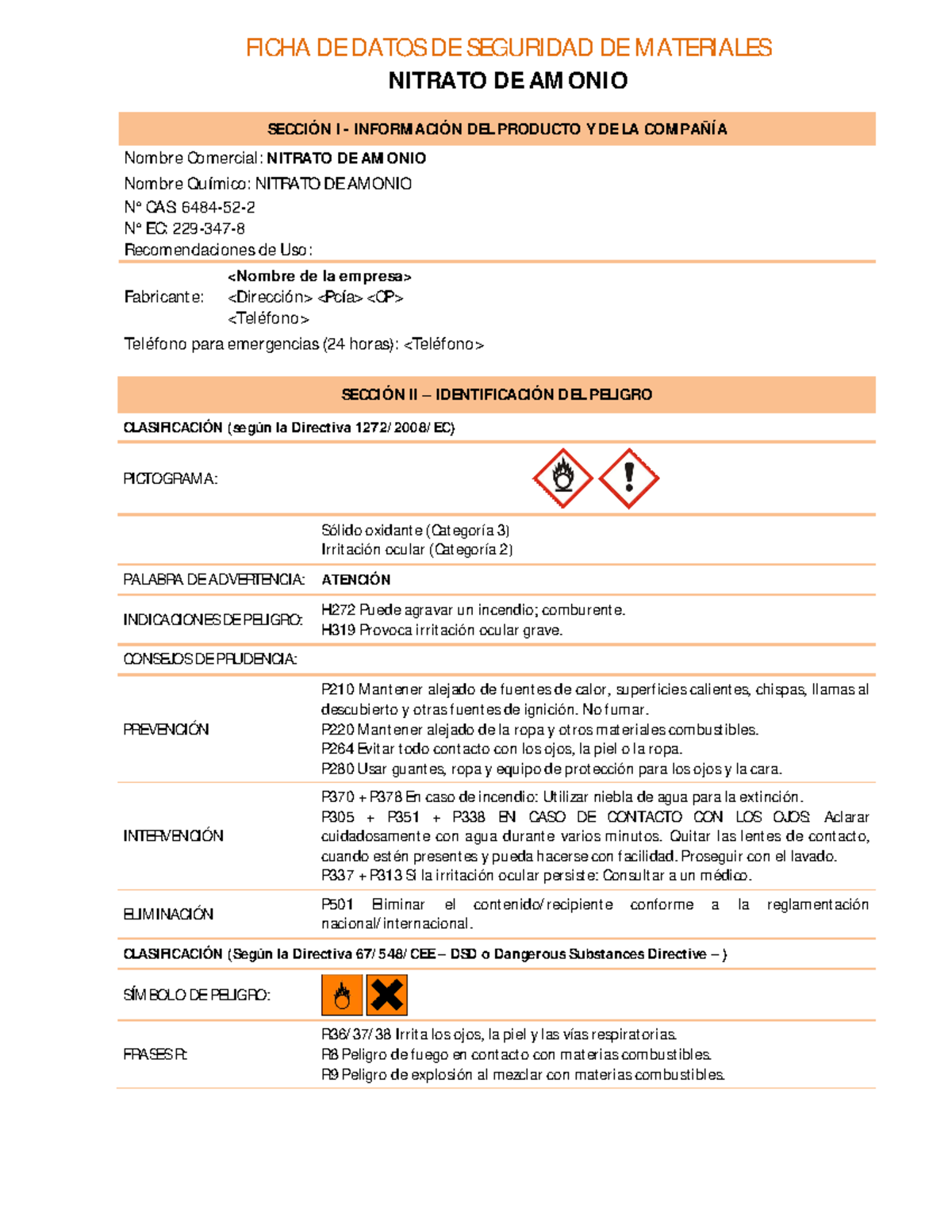 Ficha de seguridad del Nitrato de amonio - FICHA DE DATOS DE SEGURIDAD ...
