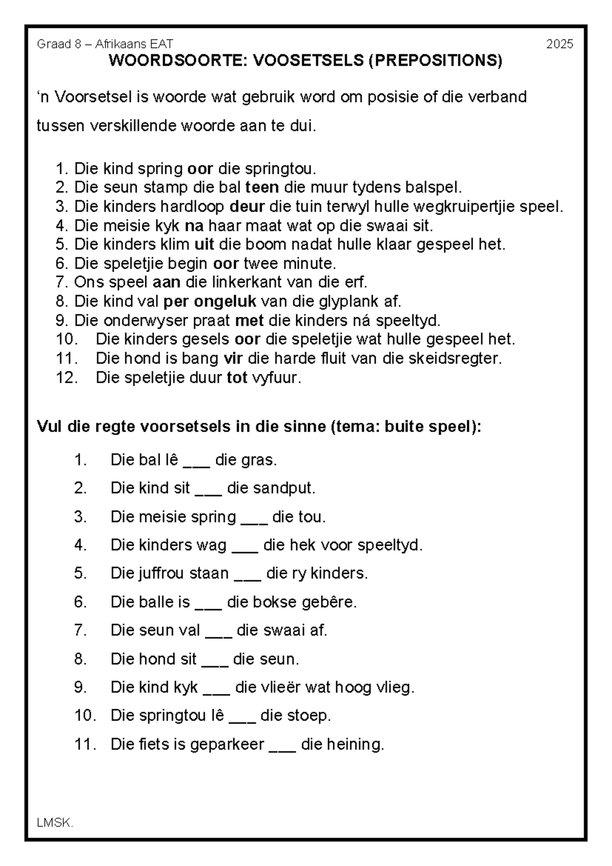 Graad 8 Afrikaans EAT - Voorsetsels (Prepositions) 2025 - Studocu