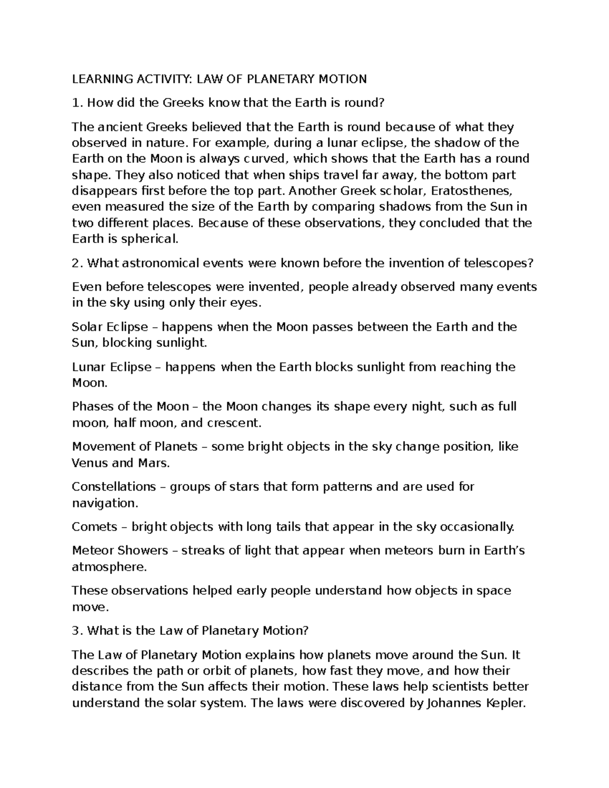 LEARNING ACTIVITY: LAW OF PLANETARY MOTION & ASTRONOMY OBSERVATIONS ...